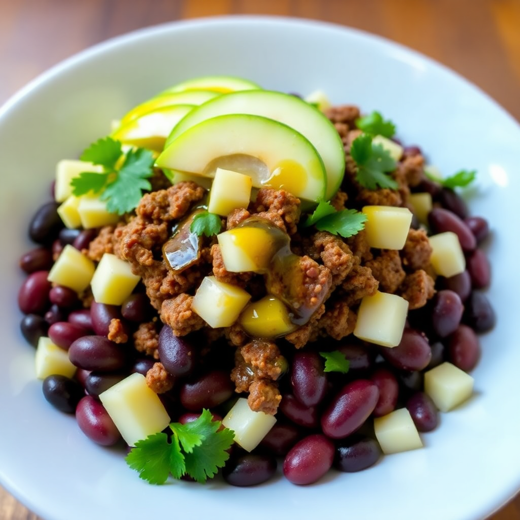 Savory Beef and Bean Bowl with Apple-Avocado Salsa Recipe | cookAIfood