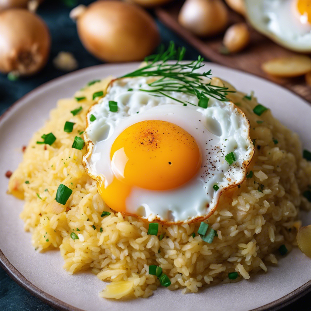 Garlic and Onion Potato Rice with Fried Egg Recipe | cookAIfood
