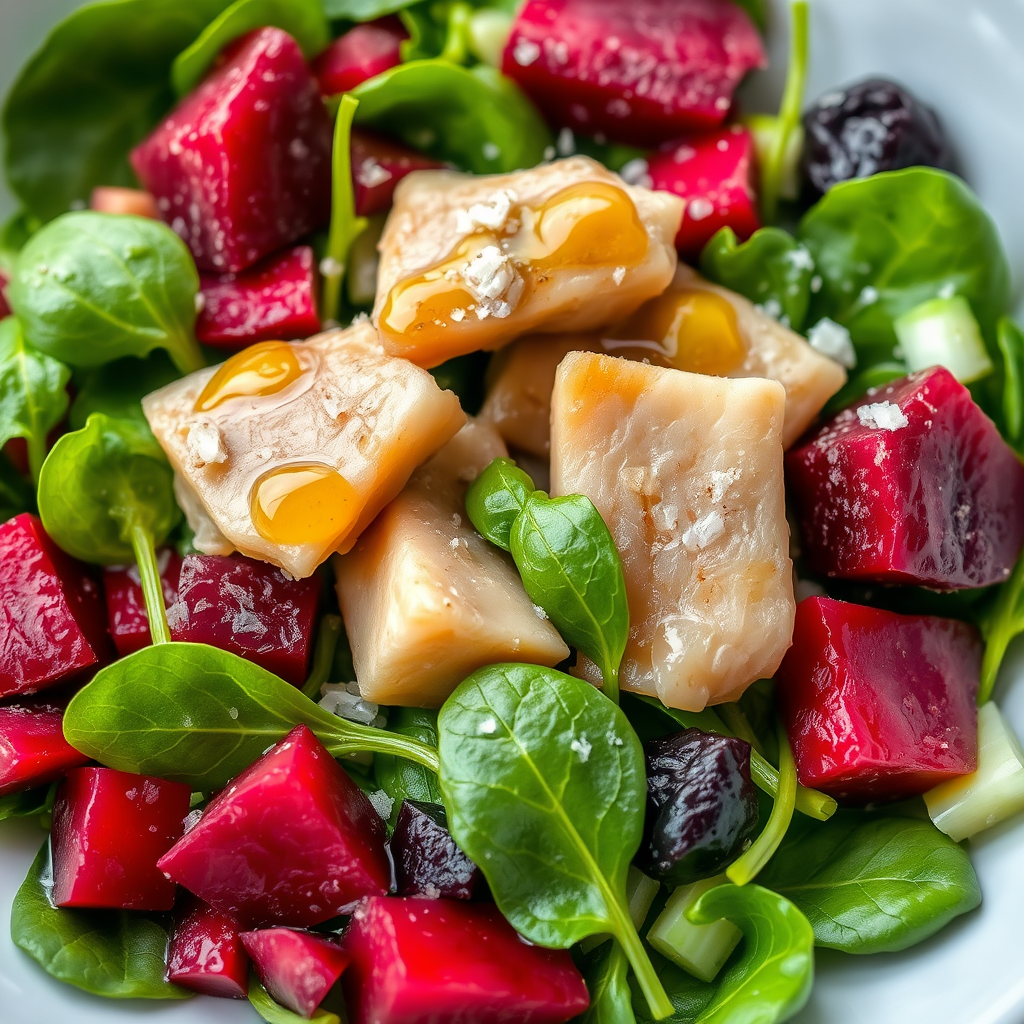 Fermented Cod Salad with Beetroot and Spinach Recipe | cookAIfood