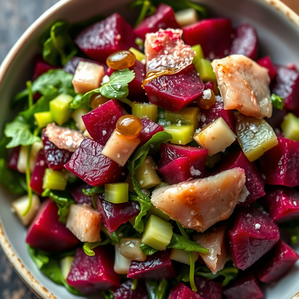 Fermented Cod Salad with Beetroot and Spinach Recipe | cookAIfood