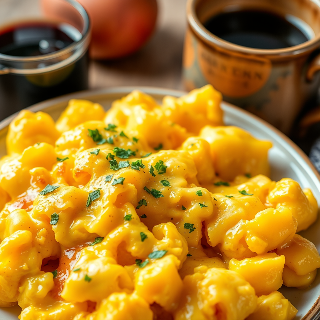 Cheesy Buttered Egg Scramble with Coffee Recipe | cookAIfood
