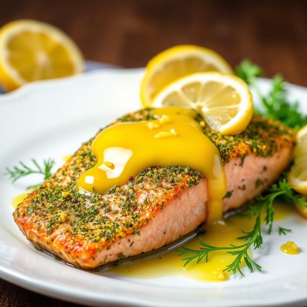 Herb-Crusted Salmon with Lemon Butter Sauce Recipe | cookAIfood