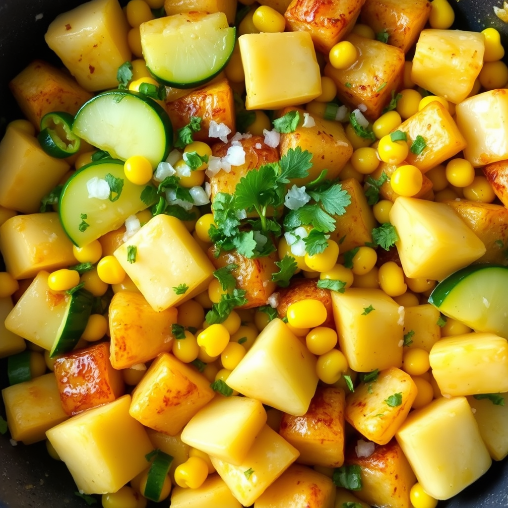 Garlic Corn & Cucumber Potato Skillet Recipe | cookAIfood
