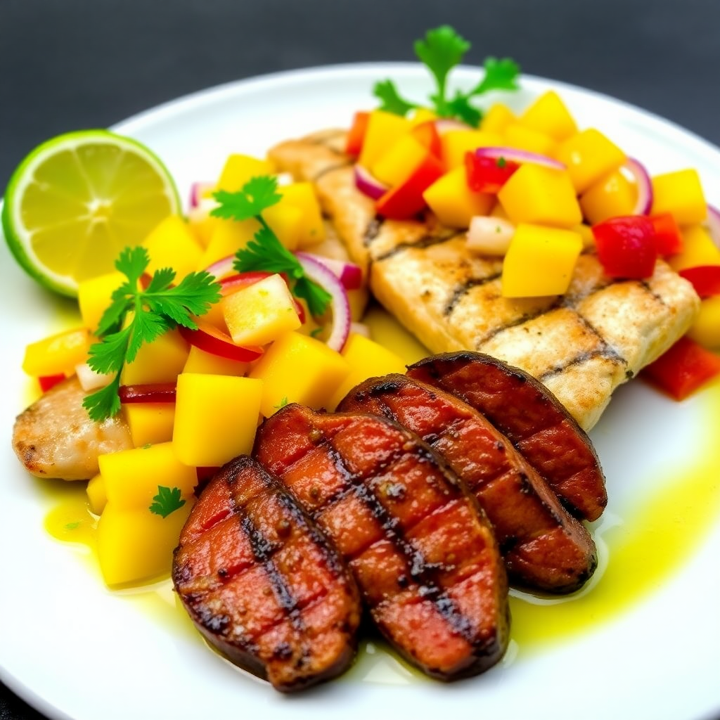 Tropical Beef & Trout Duo with Mango Salsa Recipe | cookAIfood