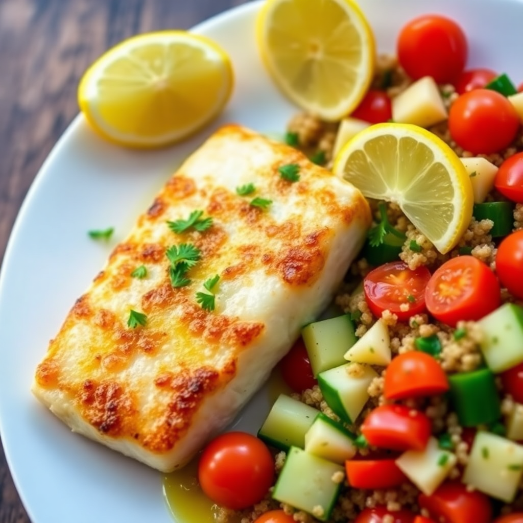 Lemon Herb Cod with Quinoa Salad Recipe | cookAIfood
