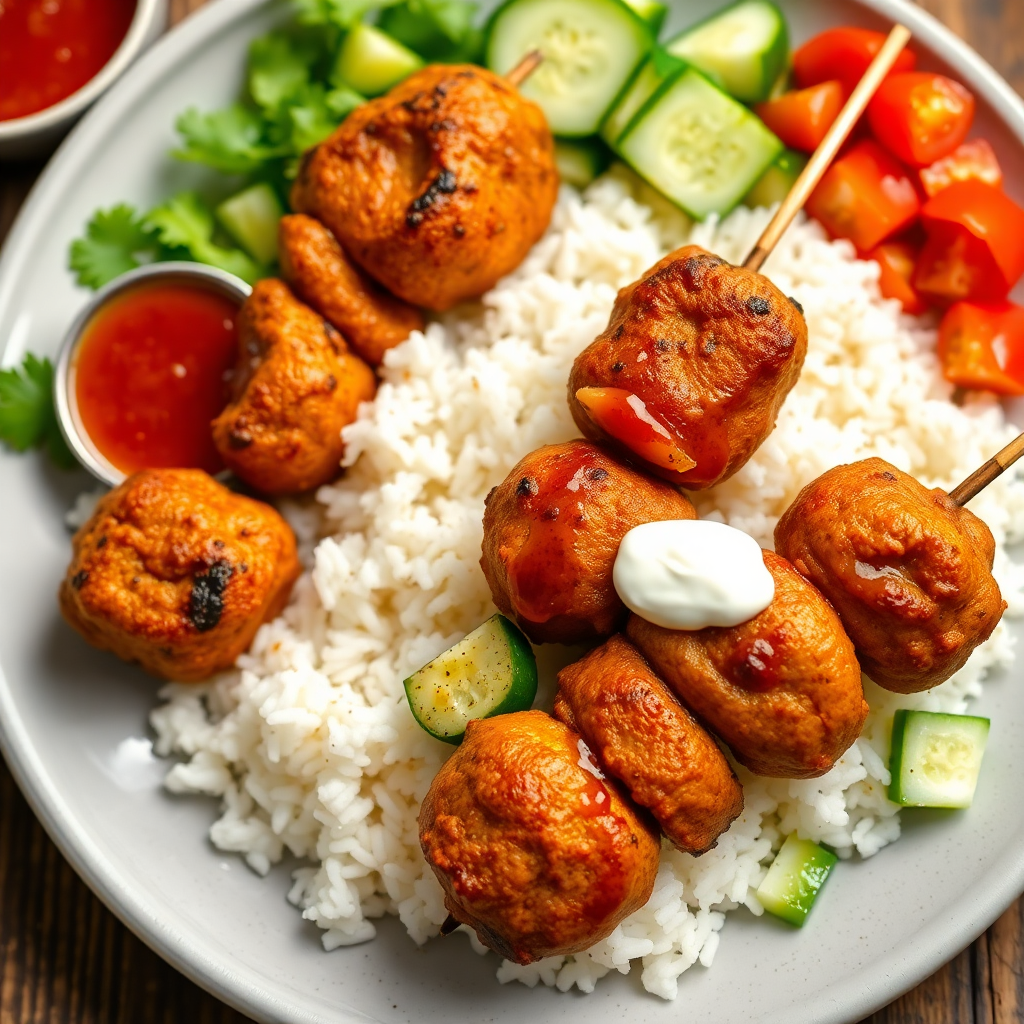 Spicy Chicken Kofta with Garlic Chili Sauce and Rice Recipe | cookAIfood