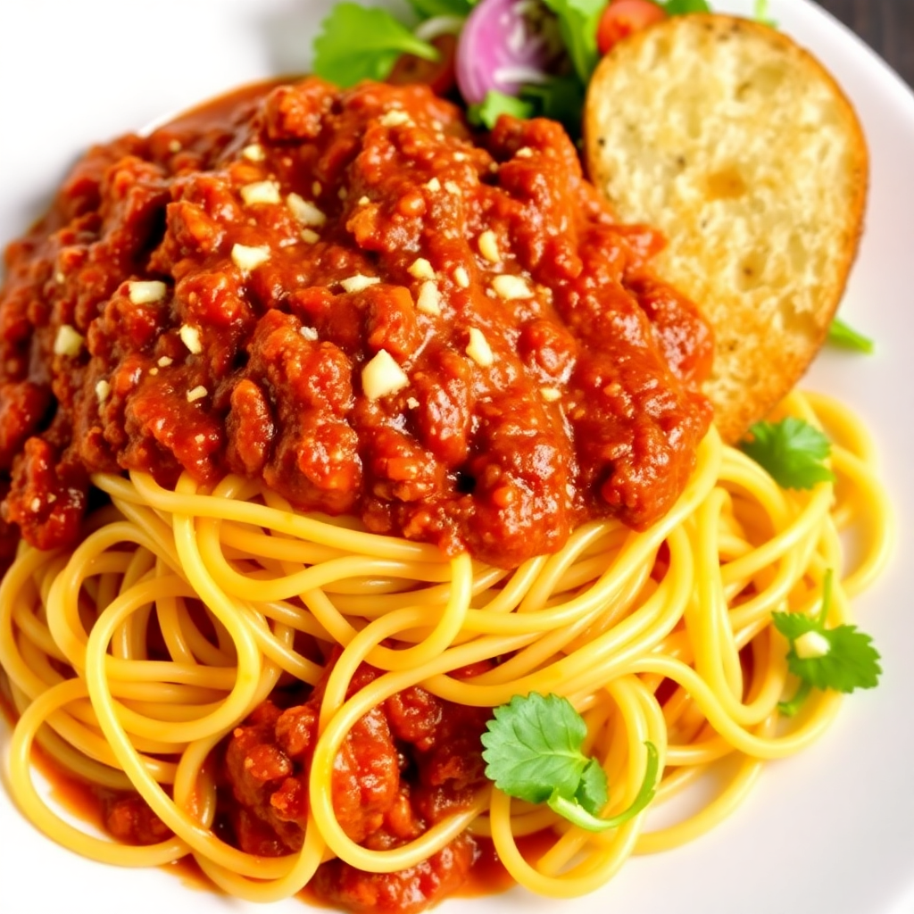 Spaghetti Bolognese with Garlic Bread and Side Salad Recipe | cookAIfood